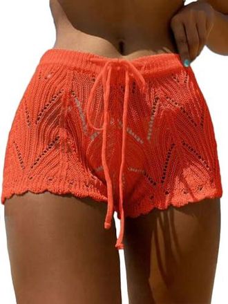 Onsoyours Femme Maille Taille Haute Pantalons de Plage Été Bas De Maillot De Bain Taille Haute Femme Crochet Dentelle Short de Bain Élégant Couleur Unie Shorts 