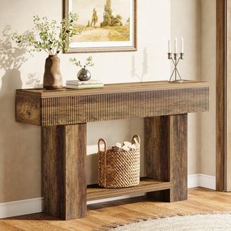 Tribesigns Table dentr&eacute;e avec Rangement 140 cm, Console de Style Fermier pour Couloir, Table Basse &agrave; Deux Niveaux pour derri&egrave;re Le canap&eacute;, Console en Bois Rustiq