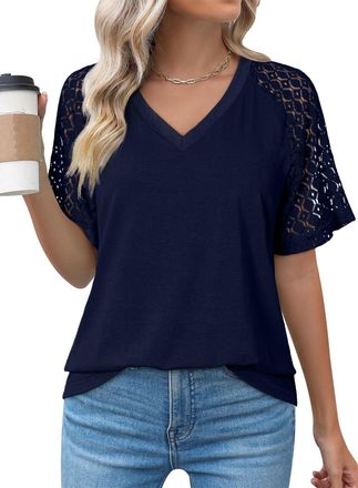 Dokotoo Damen T-Shirt V-Ausschnitt Spitzen&auml;rmel Bluse Sommer Kurzarm Oberteile Basic Einfarbig Blusenshirt Shirts Top, Marineblau, 2XL