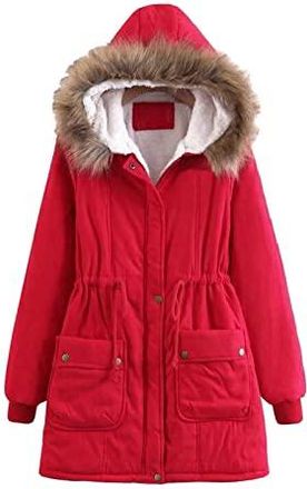 Generic Vestes dhiver en polaire avec cordon de serrage et manches longues &agrave; capuche pour femme - Veste chaude et ajust&eacute;e pour femme, Rouge, XL