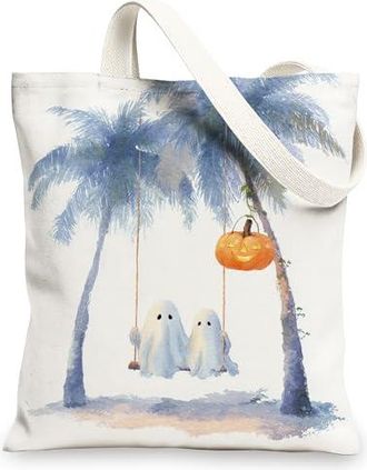 Generic Sacs fourre-tout en toile fantôme, mignon imprimé fantôme et citrouille, sacs réutilisables, amusants légers et lavables en toile pour, blanc, 13x15 I