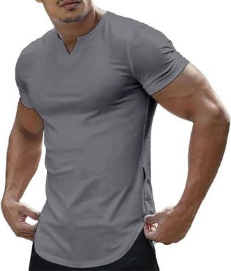 Generic T-shirt pour homme - Col en V - Manches courtes - Pour lété - Haut de couche de base - Pour entraînement et gym, gris, XXL