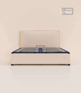 Tediber Lit coffre 140x190 cm Plus Plus - Beige - Avec t&ecirc;te de lit - Acier recycl&eacute; et lattes en bois - Grand volume de rangement - Fait en France - Tediber