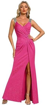 Ever-pretty Robe de Soir&eacute;e Femme Longue Moulante Fendu Col V Plis Bandouli&egrave;re &agrave; Sequins Haute &Eacute;lasticit&eacute; Rose Rouge 34