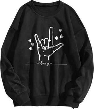 Generic Sweat-shirt &agrave; manches longues et col rond imprim&eacute; coeur I You pour femme, Noir, XXL