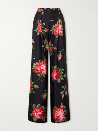 Dolce & Gabbana Pantalon Large En Serge De Soie À Imprimé Fleuri - Noir