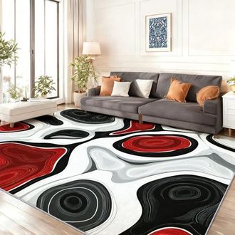 Generic Tapis de Salon 120 x 170 cm, Gris Rouge Tapis Lavable &agrave; Poils Courts antid&eacute;rapant Doux, Motif Abstrait Lignes Ondul&eacute;es Moir&eacute;, pour Chambre denfant Bur