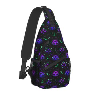 AOOEDM Sling-Rucksack für Damen und Herren, Reise-Wander-Tagesrucksack, nahtlos, mit Neon-Hell-Katzenschädeln, Crossbody-Umhängetasche, lässige Sling-Taschen