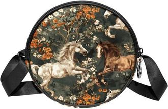 Generic Sac &agrave; bandouli&egrave;re rond pour femme, motif cheval et fleurs, petit sac &agrave; dos &agrave; bandouli&egrave;re avec fermeture &eacute;clair, bretelles r&eacute;glables, sac &agrave; main rond d