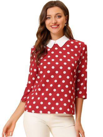 Allegra K Damen Halloween 3/4 &Auml;rmel Blusenkragen Oberteil Polka Dots Weihnachts Elegante Top Bluse Rot 2 XL
