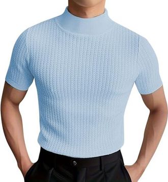 Generic Chemise décontractée en tricot côtelé à manches courtes et col montant pour homme, coupe ajustée, col montant, t-shirts musculaires pour le sport et l