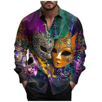 Generic Chemise de bowling color&eacute;e boutonn&eacute;e en satin &agrave; manches longues pour homme - Haut d&eacute;contract&eacute; &agrave; manches longues pour carnaval, bo&icirc;te de nuit, soir&eacute;e d