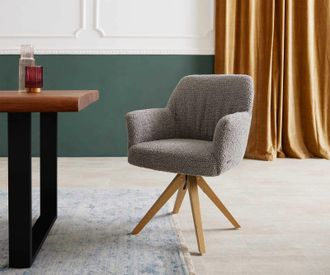 DELIFE Drehstuhl Xana-Flex mit Armlehnen Boucl&eacute; Silbergrau Holzgestell kantig Natur 180&deg; drehbar Taschenfederkern, Esszimmerst&uuml;hle