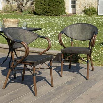Macabane VIANNEY - Lot de 2 chaises de jardin bistrot en acier textil&egrave;ne marron
