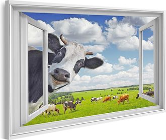 Islandburner Prime Bild auf Leinwand Kuh Aus Dem Fenster Schauend Auf Gr&uuml;ner Wiese Mit Anderen K&uuml;hen Bilder Wandbilder Poster