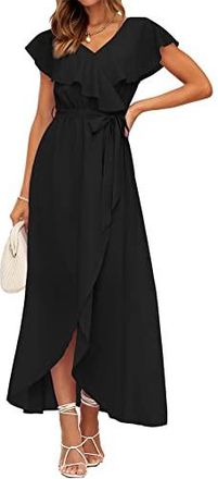 Minetom Femme Robe De Soirée en V-Col Et Manches Courtes Robe en Mousseline De Soie Classique Cocktail Mariage Longue Robe De Demoiselle dhonneur A Noir L