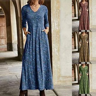 Onsoyours Femme Robe Longue Manches Longues Grande Taille Robes De Soir&eacute;e Col en V Casual Boho Robes Maxi Plage Automne Hiver avec Poches Jaune S