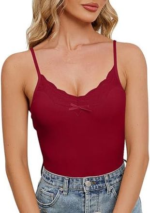 Generic D&eacute;bardeur spaghetti pour femme - Col en V avec dentelle - Gilet d&eacute;t&eacute; l&eacute;ger en coton - T-shirt d&eacute;t&eacute; sexy - &Eacute;l&eacute;gant et respirant - T-shirt en dentelle -