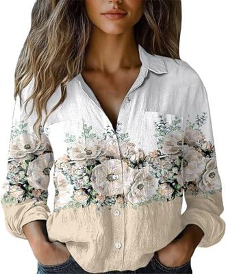 Generico Chemise Femme Curvy &agrave; Manches Longues Blouse Coton Et Lin D&eacute;contract&eacute; Respirant T Shirt Col en V Mode Chemisier Vintage Fantaisie avec Boutons Doux Ch