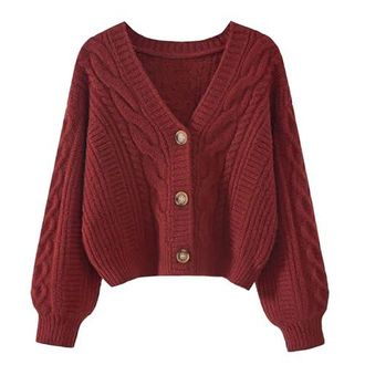 Generic Cardigan court cor&eacute;en en tricot pour femme - Col en V - Style r&eacute;tro - &Eacute;l&eacute;gant - Pour le bureau, Rouge, taille unique
