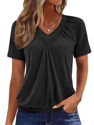 Onsoyours Tshirt Damen V-Ausschnitt T-Shirt Sommer Oberteile Kurzarm Longshirt Causal Falten Tops A Schwarz XXL