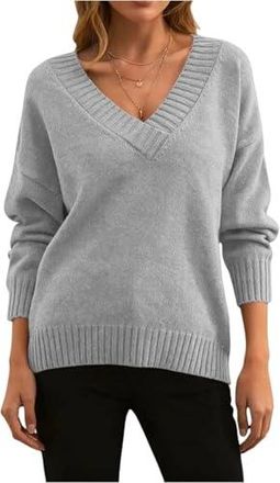 Generic Pull court court à manches longues raglan double face col en V pour femme, gris, 4XL