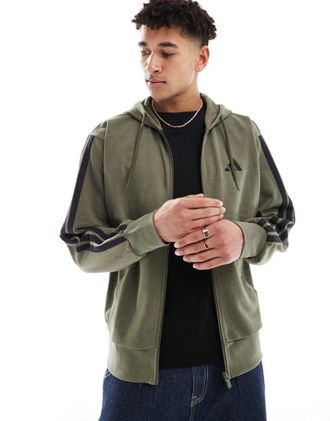 adidas adidas - Essentials - Sweat &agrave; capuche zipp&eacute; &agrave; 3 bandes en tissu &eacute;ponge - Olive et noir-Vert