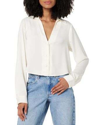 The Drop Harlow Silky Cropped Blouse Hemden, Whisper White, S