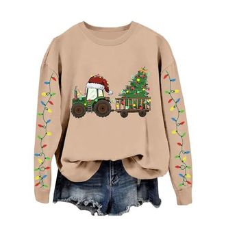 Generic Sweat-shirt de No&euml;l pour femme avec imprim&eacute; sapin de No&euml;l et col rond - Cardigan tendance &agrave; manches longues, kaki, XXL