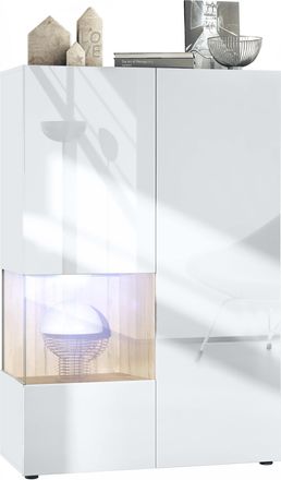 Vladon Vitrine Morena V2, Made in Germany, Standvitrine mit 2 Türen und Glaseinsatz, Korpus Weiß matt, Fronten Weiß Hochglanz, Cube Eiche Natur inkl. LED-Bel