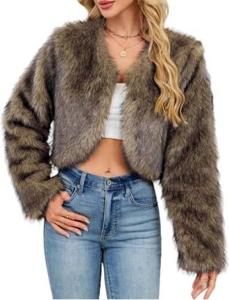 Generic Manteau court en fausse fourrure pour femme - Veste courte à manches longues - Style décontracté, C-camel, XXL