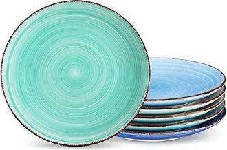 VANCASSO S&eacute;rie Bonita Lot de 6 Assiettes Plates, Assiettes &agrave; D&icirc;ner, Salade ou Dessert en C&eacute;ramique, Passent au Micro-ondes, au Four et au Lave-vaisselle, Bleu 