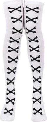 Generic Bas de cuisse &agrave; imprim&eacute; os, chaussettes longues noires blanches et roses pour femme, 7 os noirs blancs, Taille Unique