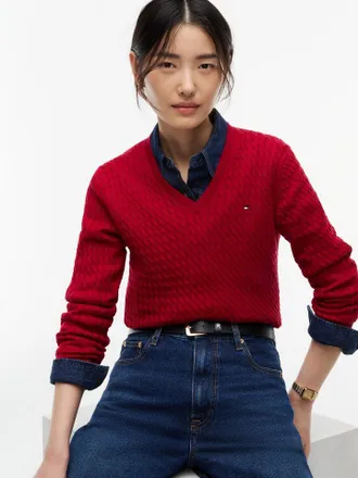 Tommy Hilfiger Strickpullover CO CABLE FINE GG V-NK LS SWT Baumwolle, mit Zopfmuster
