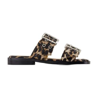 Ganni Womens Buckled Leopard-Print Sandal Multicolor Cotton