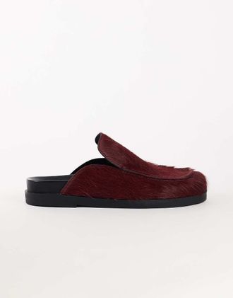 Topshop Alexia Loafer-Mule aus Echtleder mit langem Haar in Merlot-ROT