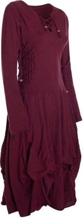 vishes Midikleid Langes Langarm Bio Ballonkleid einfarbig mit Schnürung V-Ausschnitt Hippie, Elfen, Festag, Style