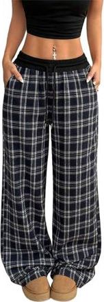 Generic Pantalon &agrave; carreaux pour femme, pantalon de pyjama pour femme, pantalon de surv&ecirc;tement ample pour femme, pantalon large &agrave; cordon de serrage avec poche