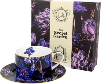 Duo Kollektion Secret Garden Tasse und Untertasse Violet Tulips aus New Bone China Porzellan im Geschenkbox, Kaffeetasse, TeeTasse, Füllmenge 240 ml