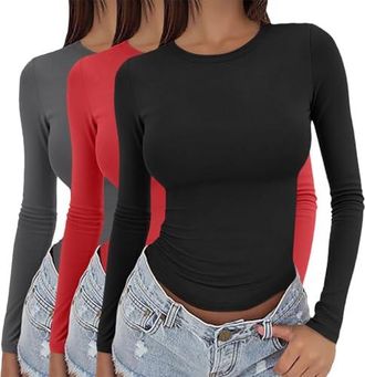 Generic T-shirt ajust&eacute; pour femmes, ensemble de 3 hauts &agrave; manches longues &agrave; col rond, thermiques, extensibles, sous-v&ecirc;tements superpos&eacute;s, basiques, ajust&eacute;s, &agrave;