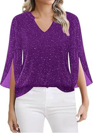 Generic Chemisier du Nouvel An pour femme - Haut festif &agrave; manches trompettes - Col en V - Tunique ample - Pour les loisirs, les f&ecirc;tes, les festivals, le Nouve