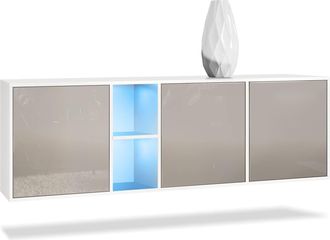 Vladon Kommode Cuba, Made in Germany, Wei&szlig; matt/Sandgrau Hochglanz inkl. LED - Modernes Sideboard f&uuml;r Ihr Wohnbereich - (BxHxT) 182x53x35 cm