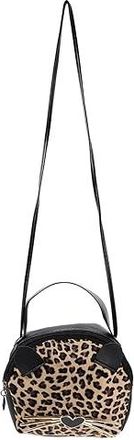 PartyKindom Sac Bandoulière Femme Créatif PU Petit Sac Rond Motif Léopard avec Oreilles de Chat Grand Compartiment pour Téléphone et Cosmétiques Marron