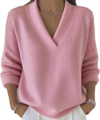 Generic Pull pour femme col en V d&eacute;contract&eacute; en tricot de couleur unie &agrave; manches longues, coupe ample, pull chaud pour lhiver, rose, M