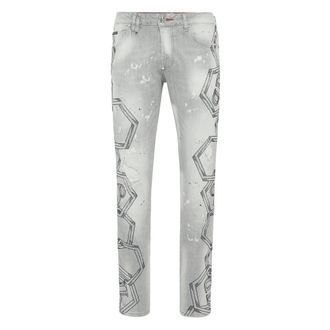 Philipp Plein Homme, Jeans, Gris, Taille: W33 Pantalon Coupe Super Droite en Denim Cha&icirc;nes Strass