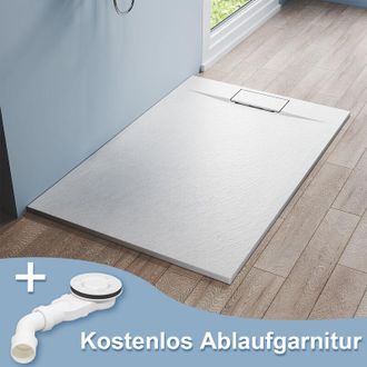 Sonni Duschtasse Duschwanne SMC Rechteckig mit Ablaufgarnitur 140x90cm wei&szlig; Steinoptik Antirutsch Schneidbaren Design