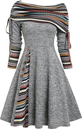 Onsoyours Robe Décontractée Femmes À Manches Longues Épaules Imprimé Robes Tunique Swing A-Line Mi-Longue Robes de Plage Au Genou Grande Taille Hiver Pullover A