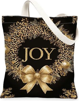 Generic Sacs fourre-tout r&eacute;utilisables en toile avec motif de couronne de No&euml;l, motif l&eacute;opard, vintage, l&eacute;ger, lavable, noir, 13x15 Inch