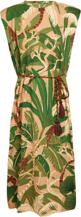 Farm Rio TROPICAL ISLA BEIGE JERSEY MIDI DRESS