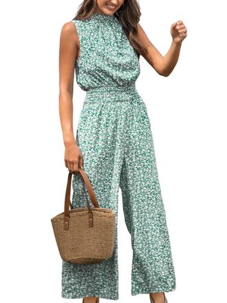 Cupshe Damen Jumpsuit Blumen Stehkragen Overall Ärmellos Weites Bein Lang Playsuit Sommer Lose Hosenanzug mit Taschen